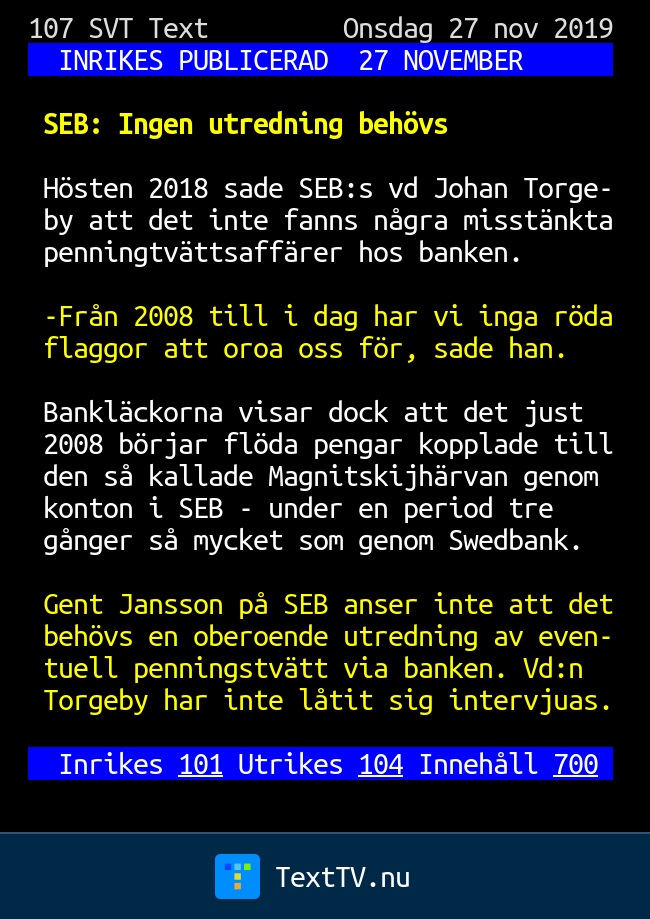 SEB: Ingen utredning behövs - SVT Text TV