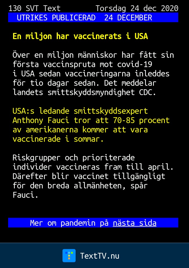 En miljon har vaccinerats i USA - SVT Text TV