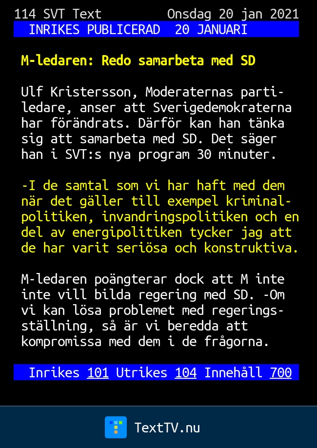 M-ledaren: Redo samarbeta med SD - SVT Text TV