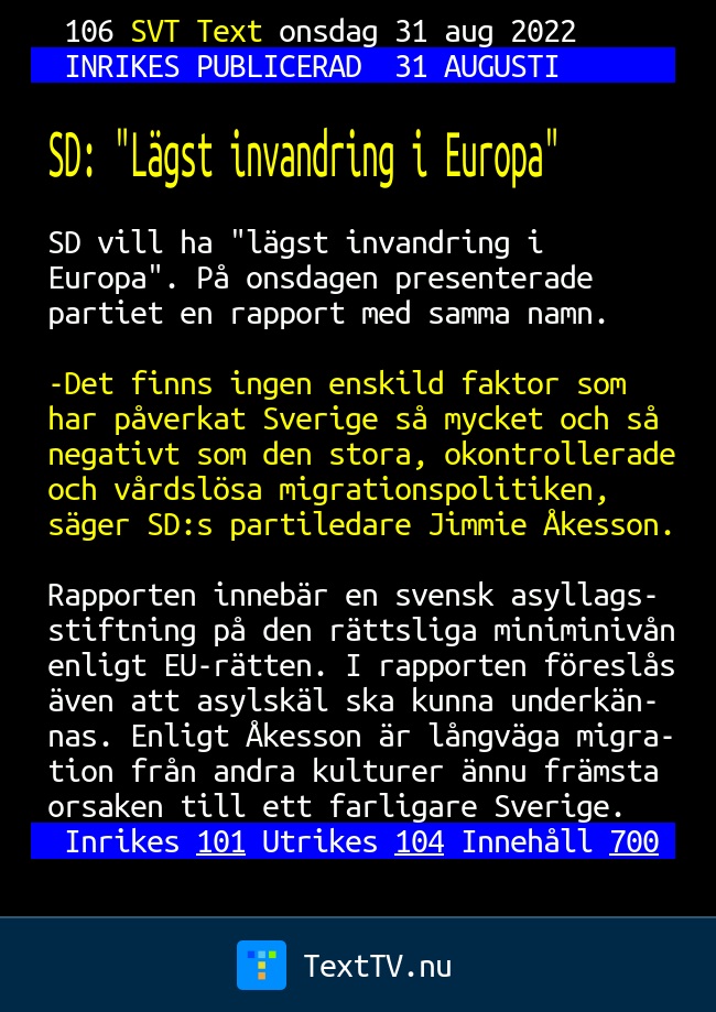 SD: "Lägst invandring i Europa" - SVT Text TV