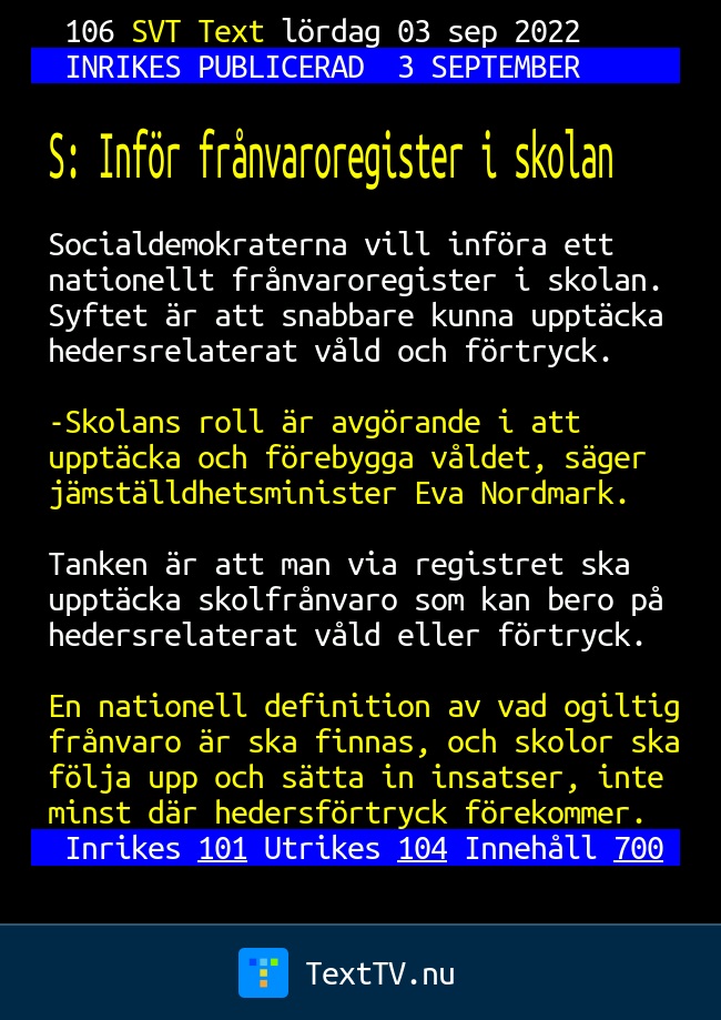 S: Inför frånvaroregister i skolan - SVT Text TV