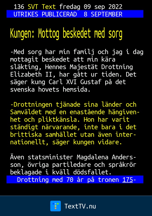 Kungen: Mottog beskedet med sorg - SVT Text TV