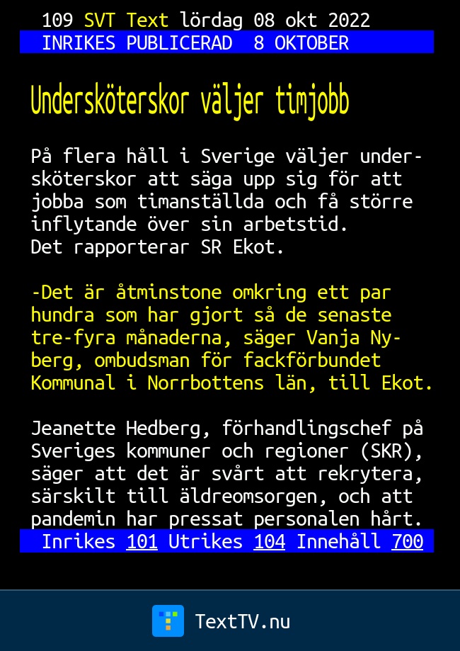 Undersköterskor väljer timjobb - SVT Text TV