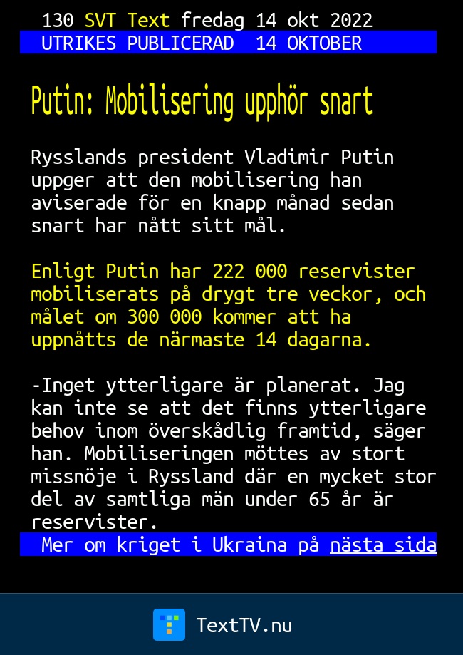 Putin: Mobilisering upphör snart - SVT Text TV