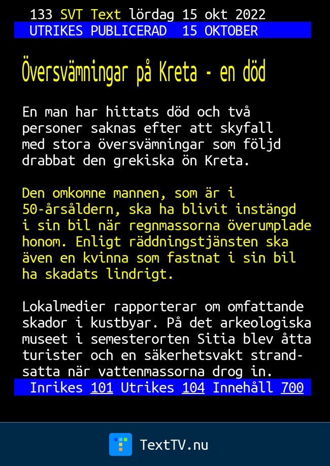 Översvämningar på Kreta - en död - SVT Text TV