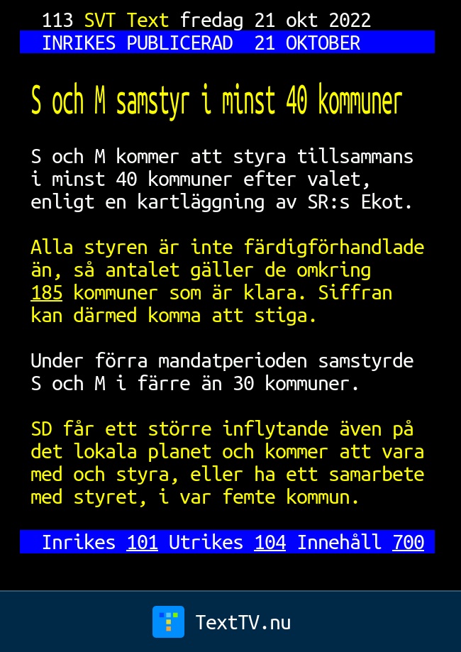 S och M samstyr i minst 40 kommuner - SVT Text TV