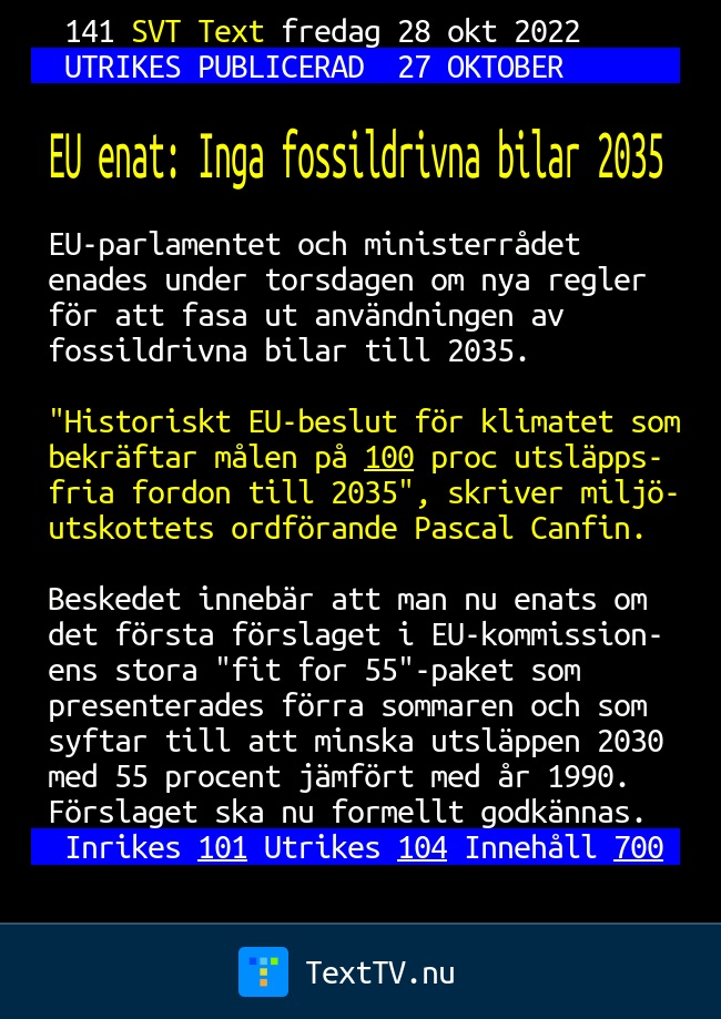 EU enat: Inga fossildrivna bilar 2035 - SVT Text TV