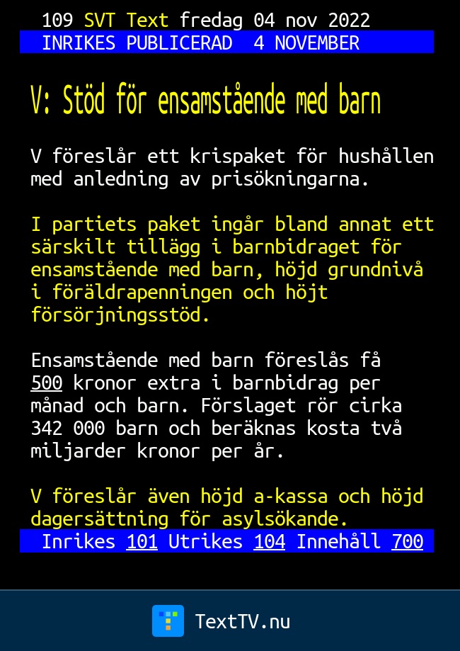 V: Stöd för ensamstående med barn - SVT Text TV