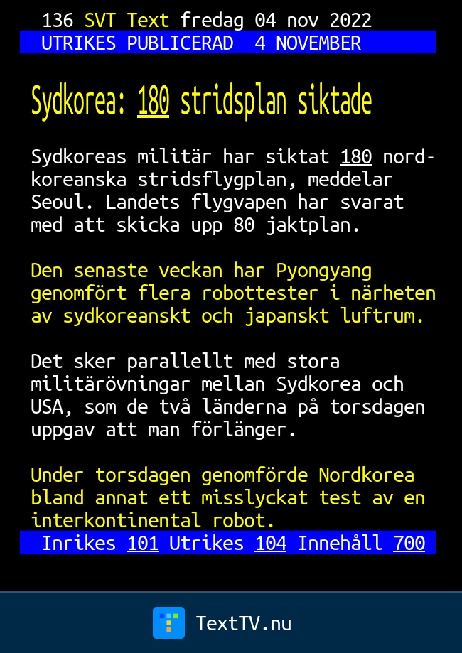 Sydkorea: 180 stridsplan siktade - SVT Text TV