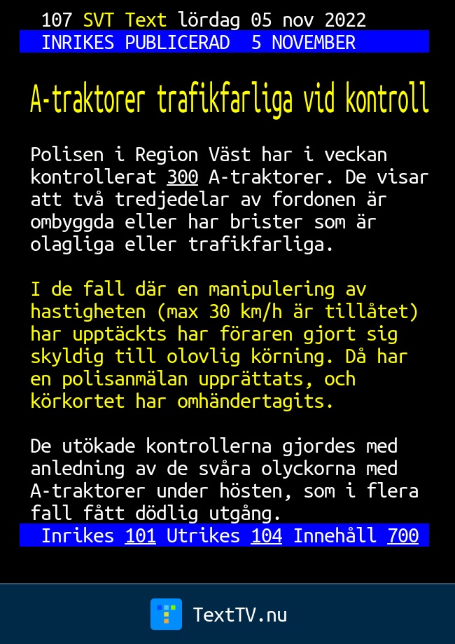 A-traktorer trafikfarliga vid kontroll - SVT Text TV