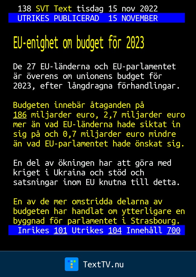 EU-enighet om budget för 2023 - SVT Text TV