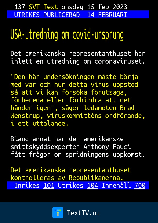 USA-utredning om covid-ursprung - SVT Text TV