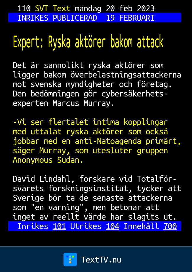 Expert Ryska Aktörer Bakom Attack Svt Text Tv