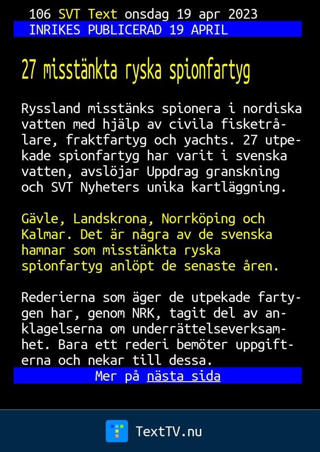 27 misstänkta ryska spionfartyg - SVT Text TV