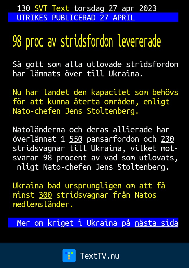 98 proc av stridsfordon levererade - SVT Text TV