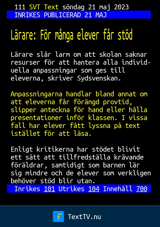 Lärare: För många elever får stöd - SVT Text TV