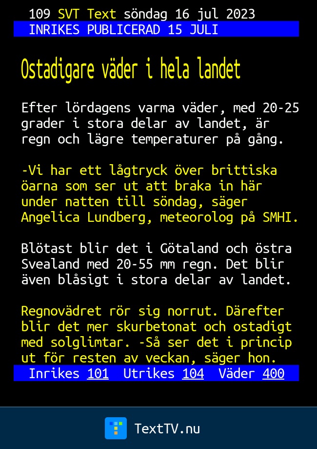 Ostadigare väder i hela landet - SVT Text TV