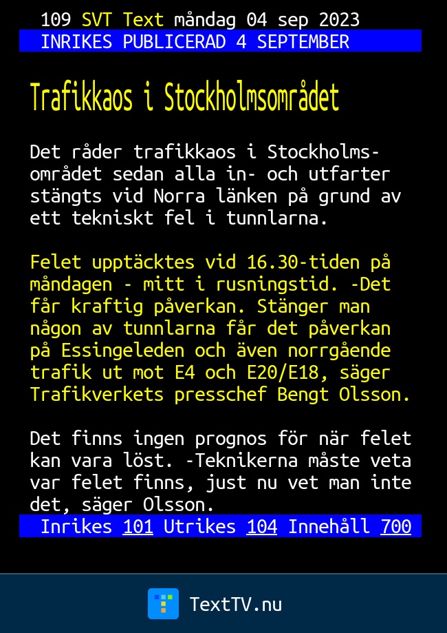 Trafikkaos i Stockholmsområdet - SVT Text TV