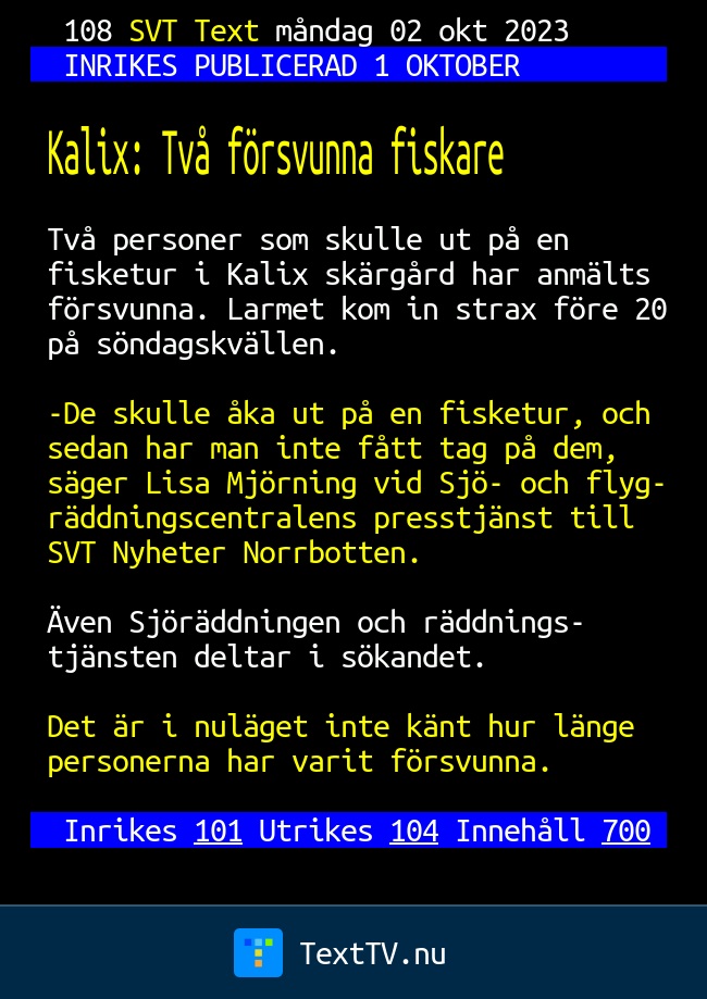 Kalix: Två försvunna fiskare - SVT Text TV