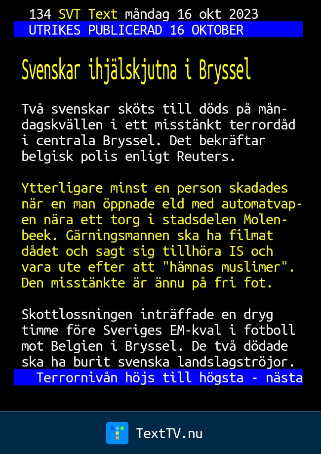 Svenskar ihjälskjutna i Bryssel - SVT Text TV