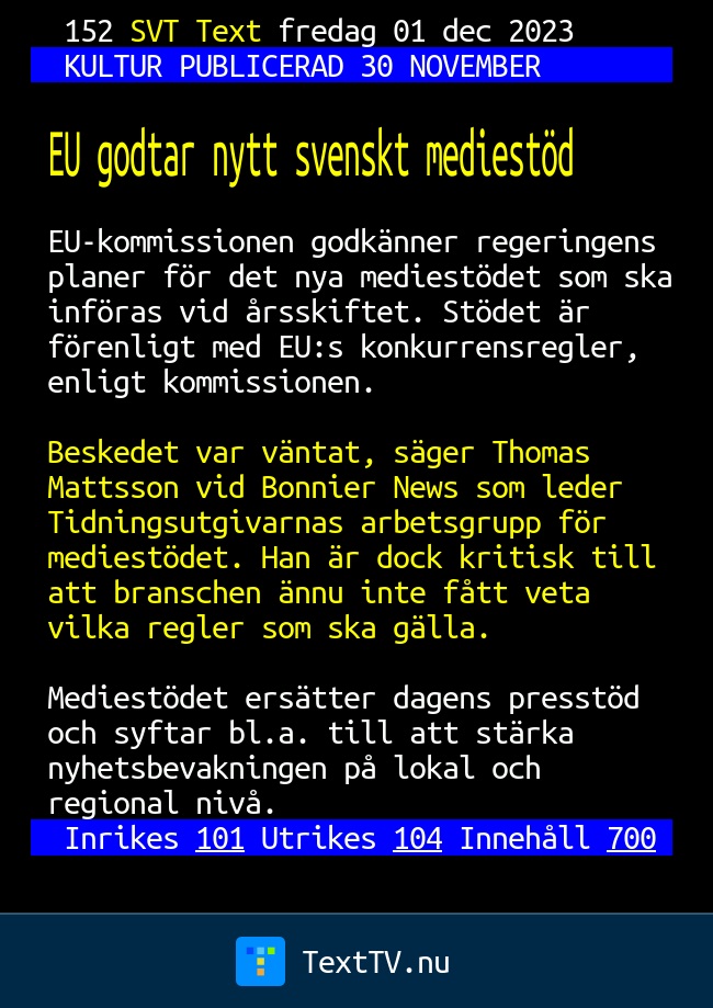 EU godtar nytt svenskt mediestöd - SVT Text TV