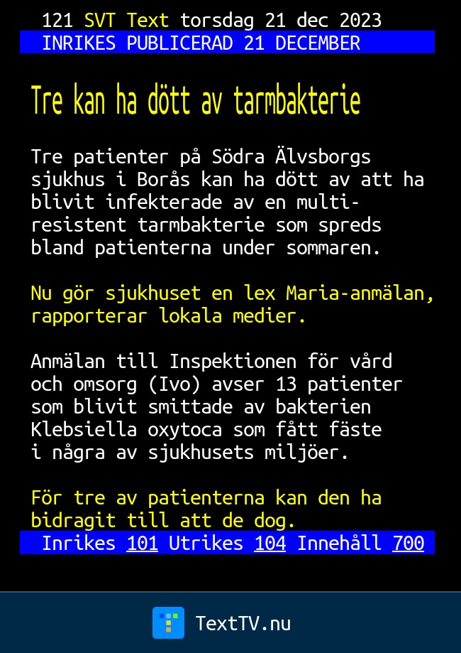 Tre kan ha dött av tarmbakterie - SVT Text TV