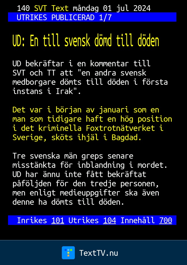 UD: En till svensk dömd till döden - SVT Text TV