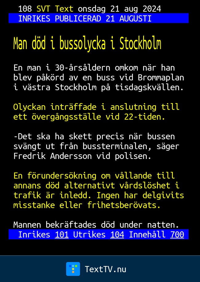 Man död i bussolycka i Stockholm - SVT Text TV