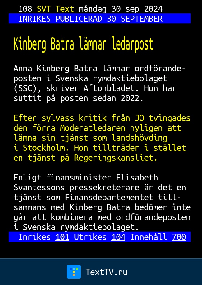 Kinberg Batra lämnar ledarpost - SVT Text TV