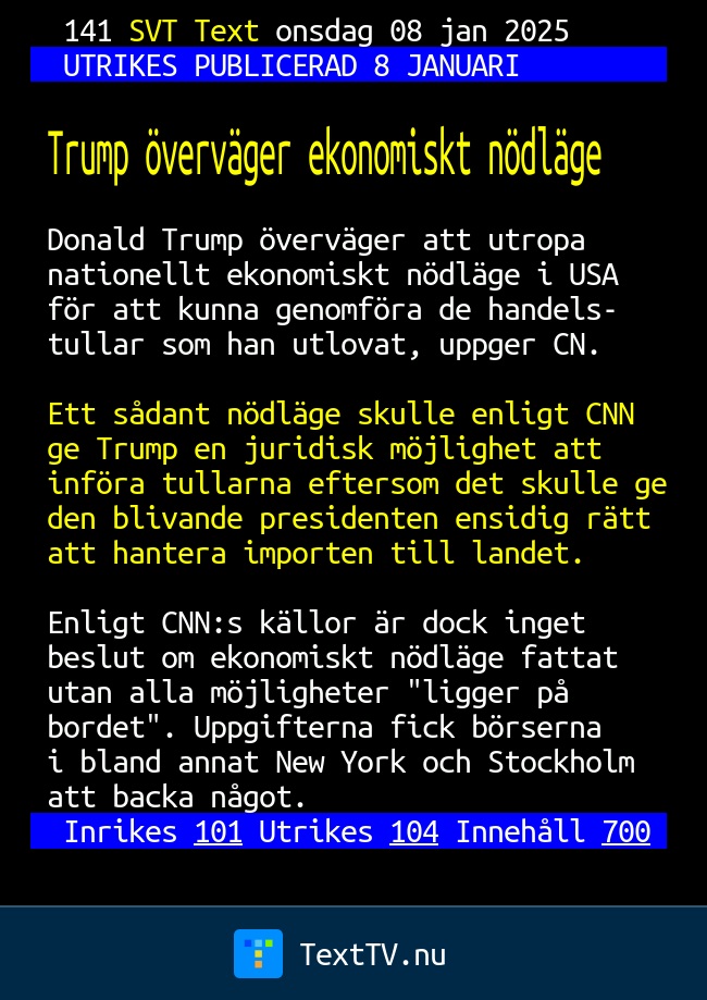 Trump överväger ekonomiskt nödläge - SVT Text TV