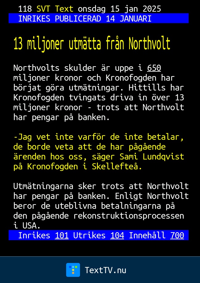 13 miljoner utmätta från Northvolt - SVT Text TV