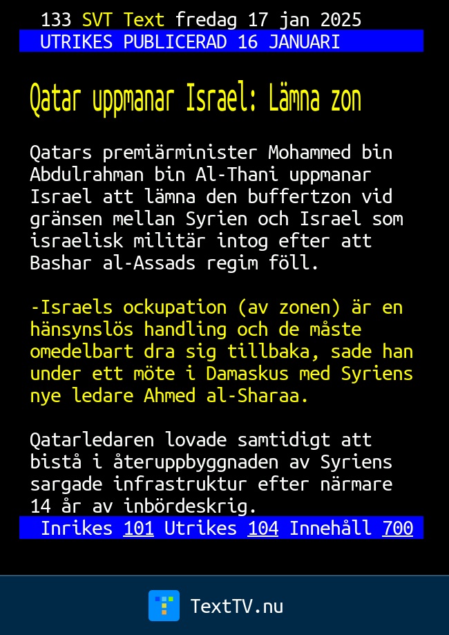 Qatar uppmanar Israel: Lämna zon - SVT Text TV