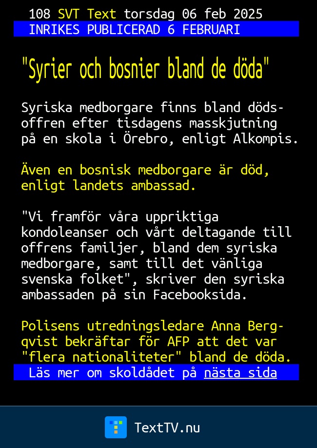 "Syrier och bosnier bland de döda" - SVT Text TV