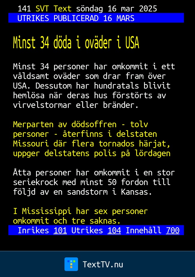 Minst 34 döda i oväder i USA - SVT Text TV