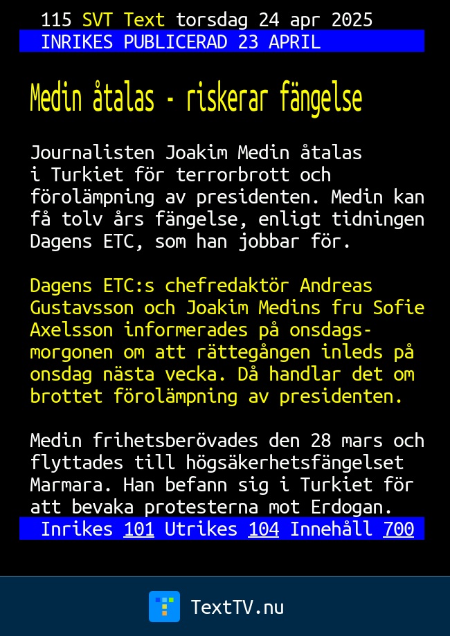 Medin åtalas - riskerar fängelse - SVT Text TV