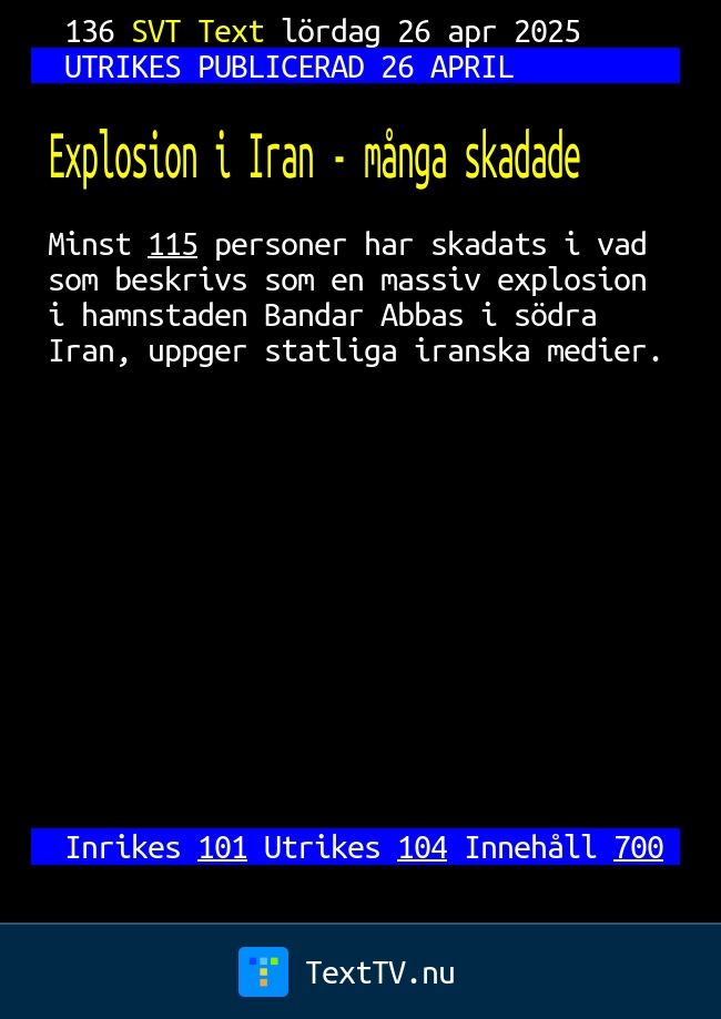 Explosion i Iran - många skadade - SVT Text TV