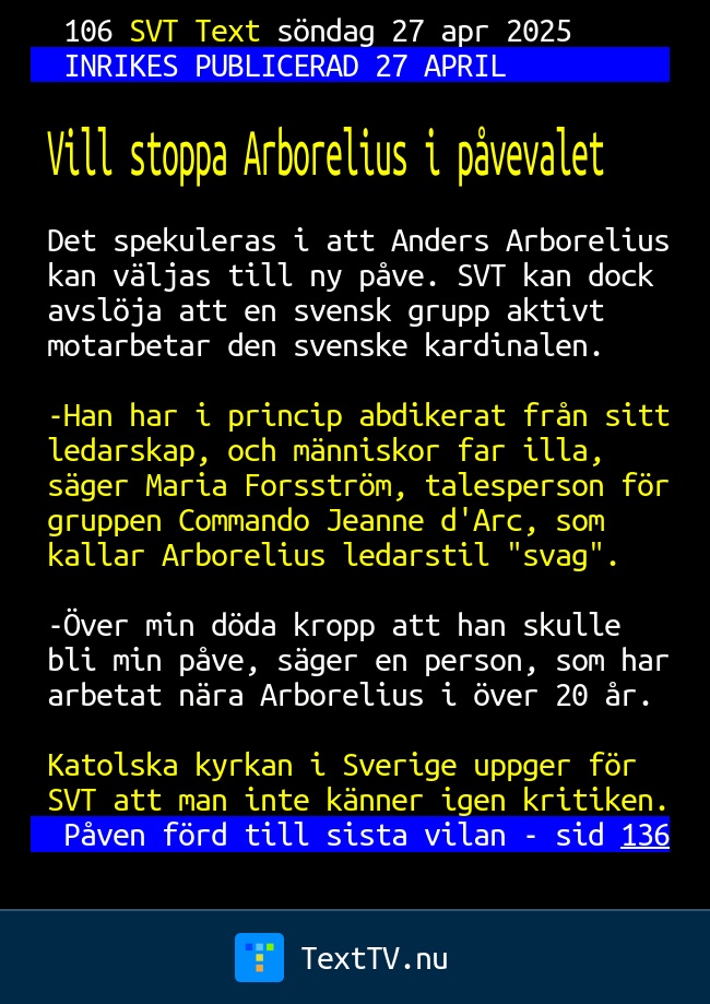 Vill stoppa Arborelius i påvevalet - SVT Text TV
