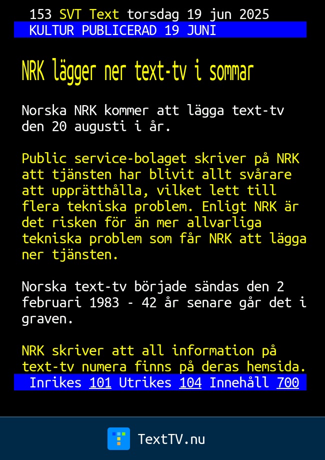 NRK lägger ner text-tv i sommar - SVT Text TV