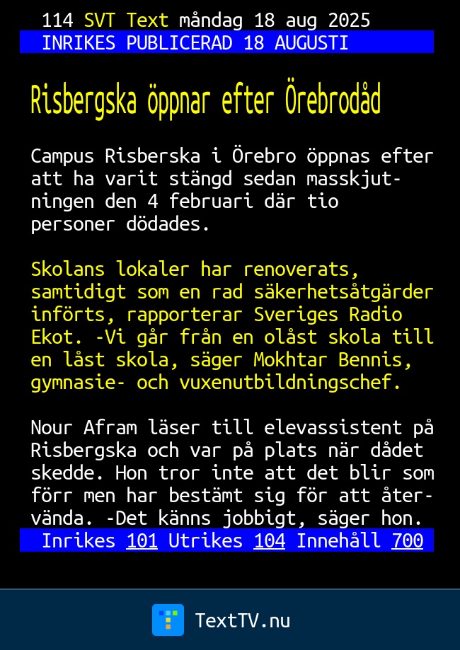 Risbergska öppnar efter Örebrodåd - SVT Text TV