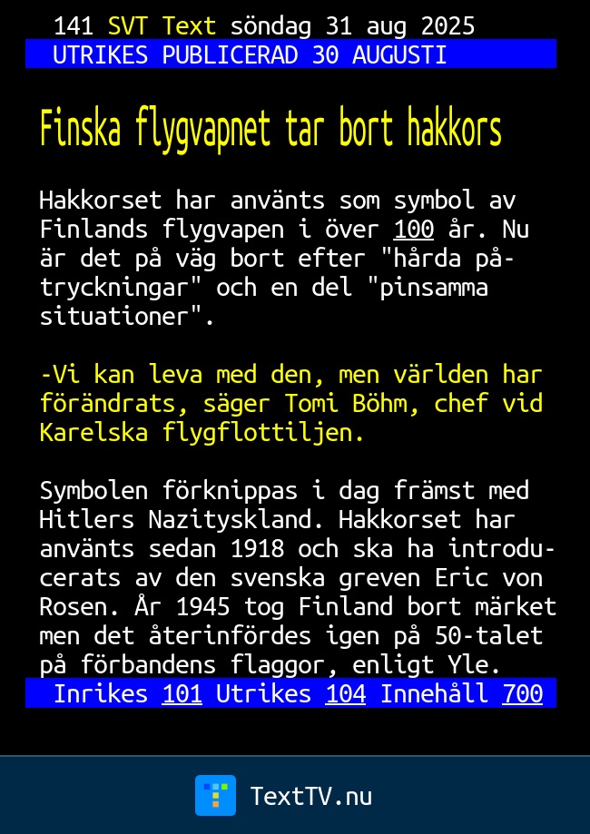 Finska flygvapnet tar bort hakkors - SVT Text TV