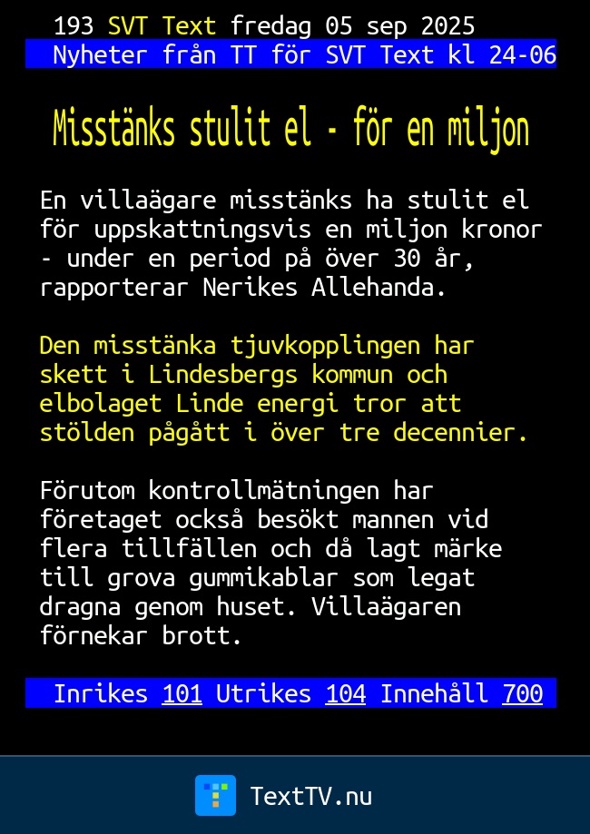 Misstänks stulit el - för en miljon - SVT Text TV