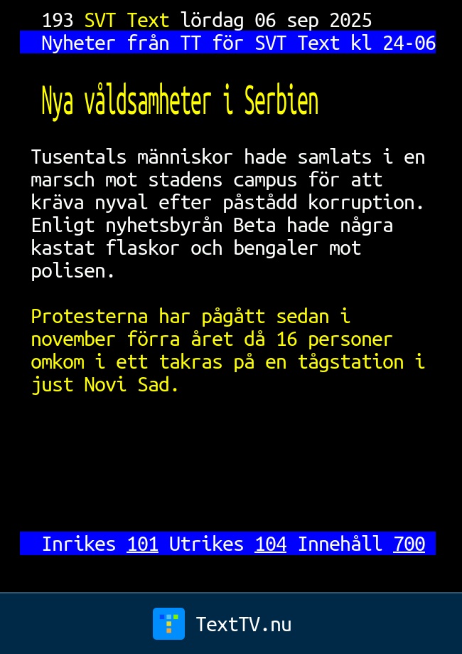 Nya våldsamheter i Serbien - SVT Text TV