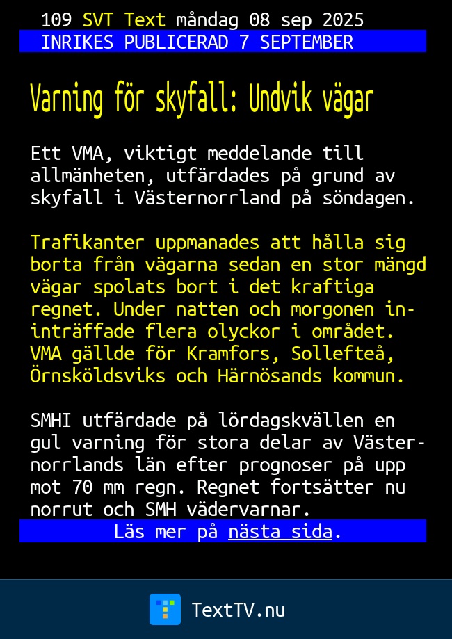 Varning för skyfall: Undvik vägar - SVT Text TV