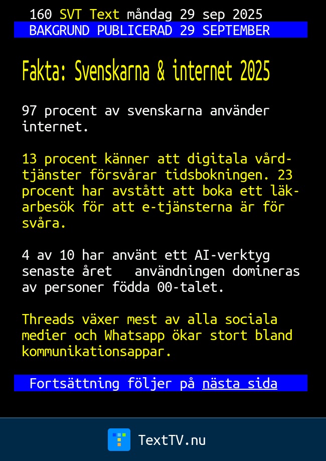 Fakta: Svenskarna & internet 2025 - SVT Text TV