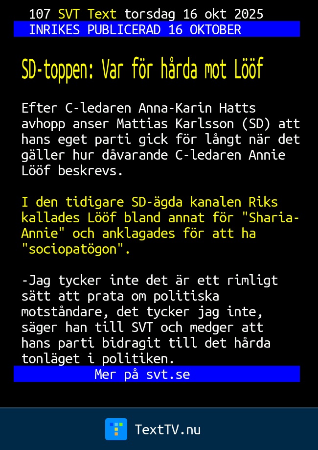 SD-toppen: Var för hårda mot Lööf - SVT Text TV