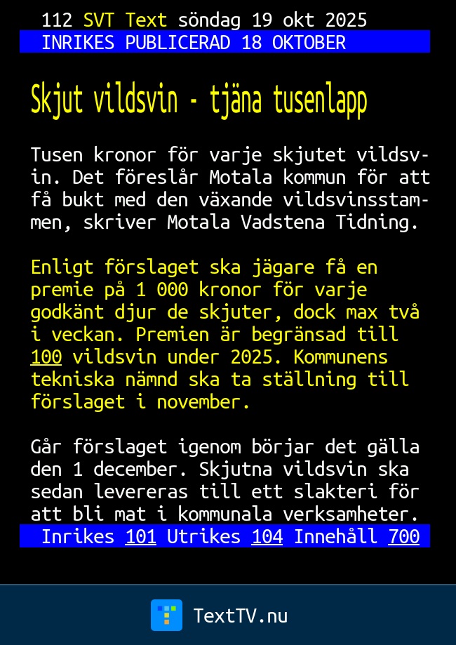 Skjut vildsvin - tjäna tusenlapp - SVT Text TV