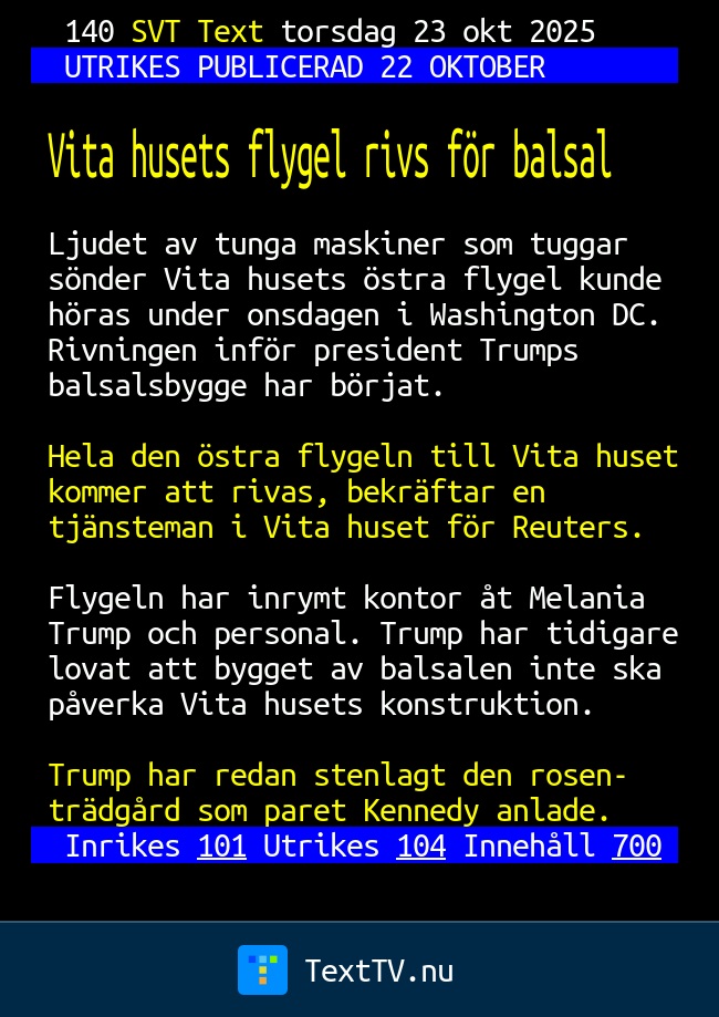 Vita husets flygel rivs för balsal - SVT Text TV