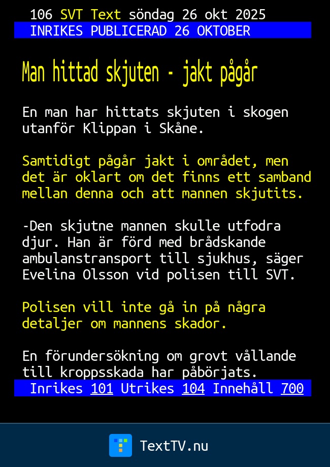 Man hittad skjuten - jakt pågår - SVT Text TV