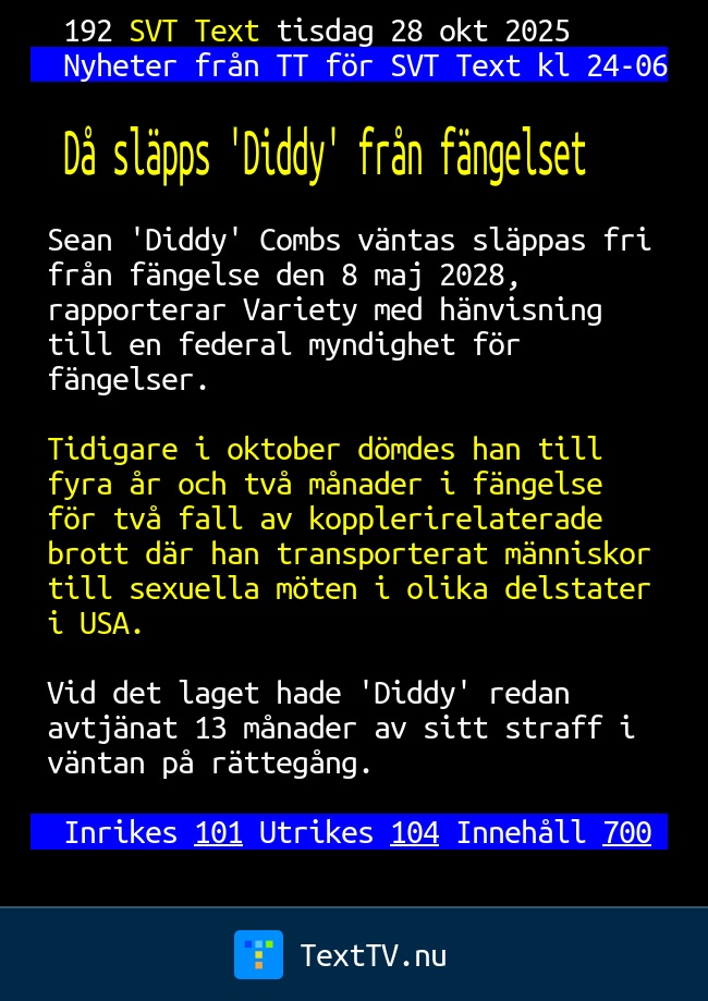Då släpps 'Diddy' från fängelset - SVT Text TV