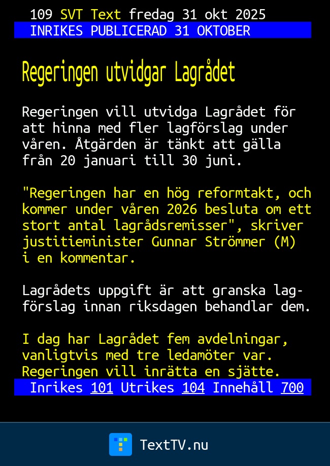 Regeringen utvidgar Lagrådet - SVT Text TV